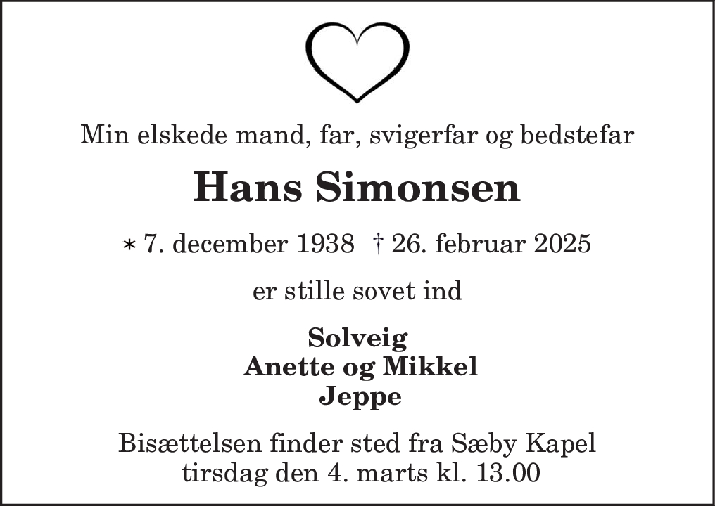 Dødsannonce for Hans SImonsen | Nordjyske.dk