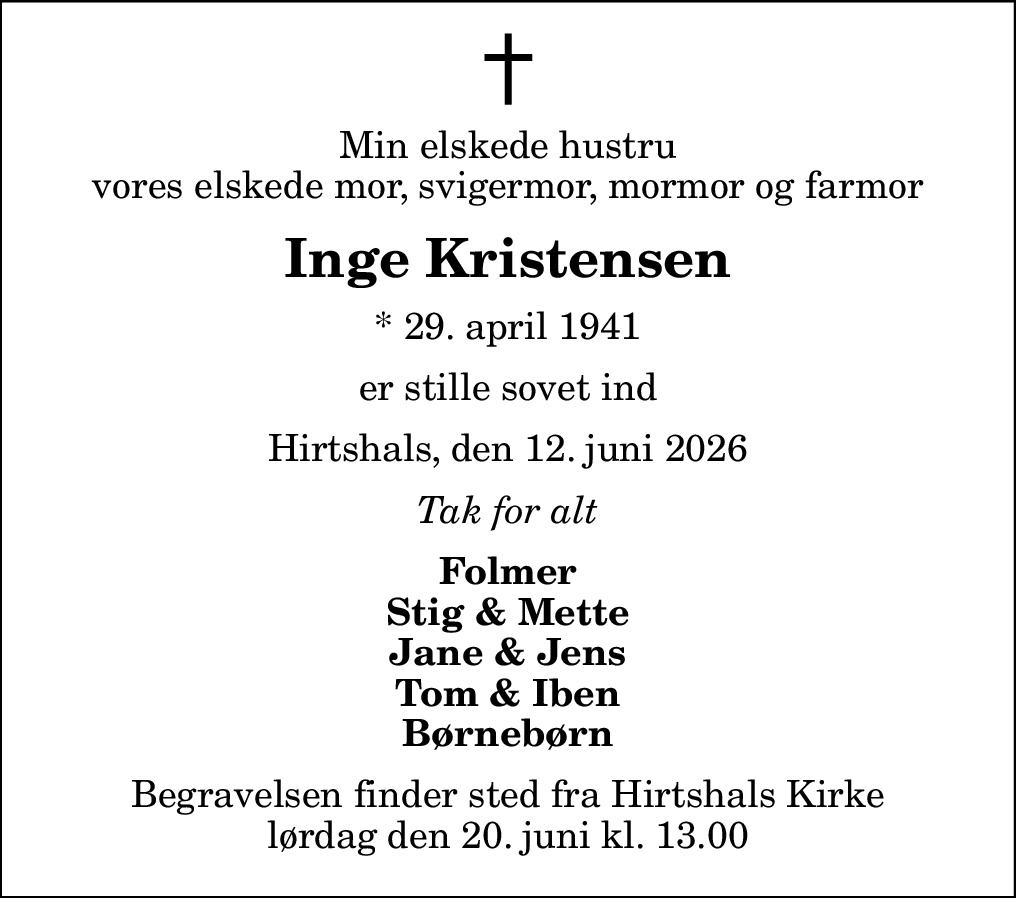 Dødsannonce for Inge Kristensen | Nordjyske.dk