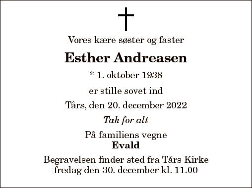 Dødsannonce for Esther Andreasen | Nordjyske.dk