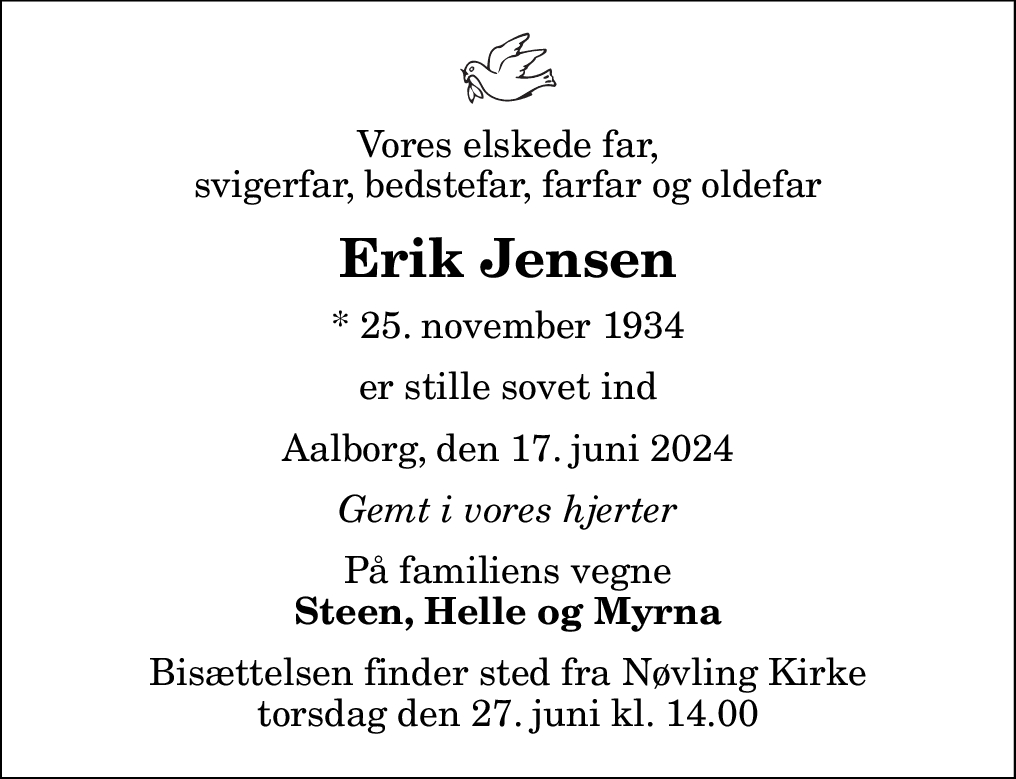Dødsannonce for Erik Jensen | Nordjyske.dk