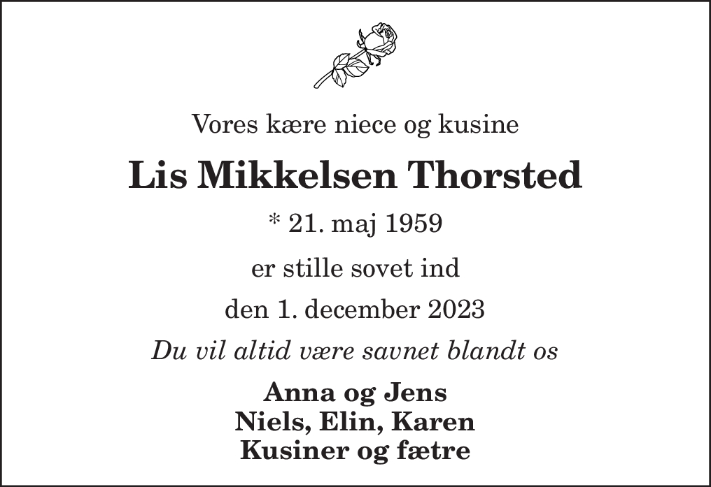 Dødsannonce for Lis Mikkelsen Thorsted | Nordjyske.dk