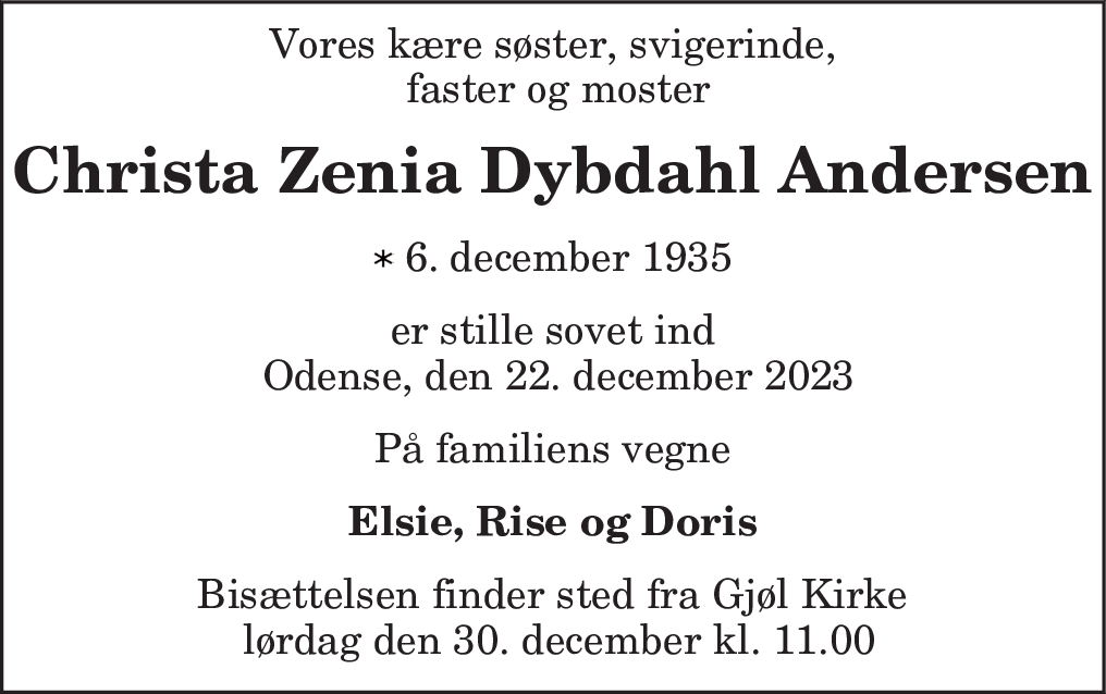 Dødsannonce for Christa Zenia Dybdahl Andersen | Nordjyske.dk