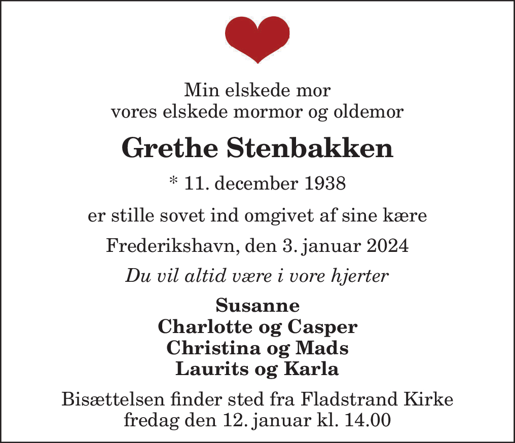 Dødsannonce for Grethe Stenbakken | Nordjyske.dk