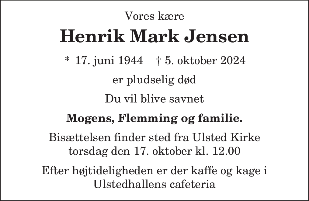 Dødsannonce for Henrik Mark Jensen | Nordjyske.dk