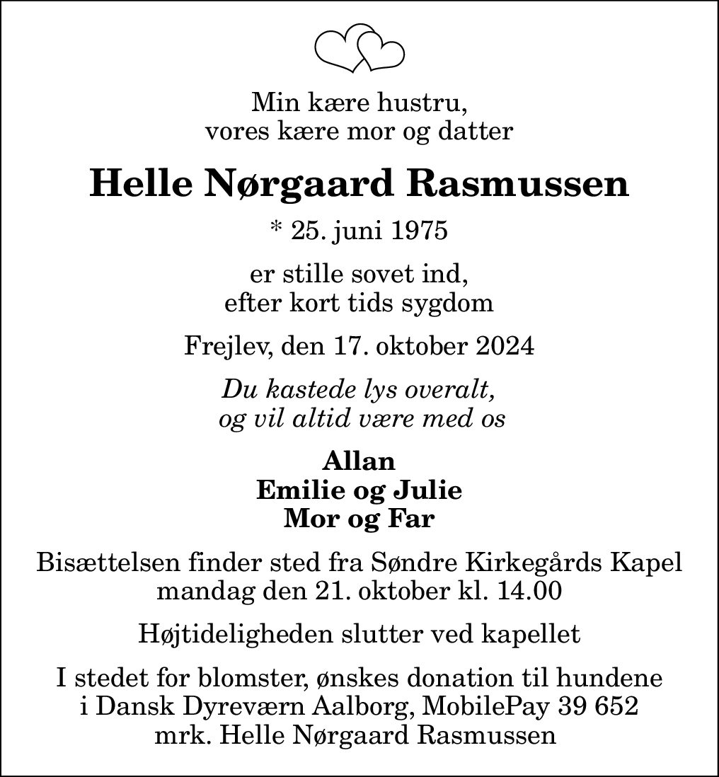Dødsannonce for Helle Nørgaard Rasmussen | Nordjyske.dk