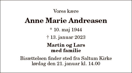 Dødsannonce for Anne Marie Andreasen | Nordjyske.dk