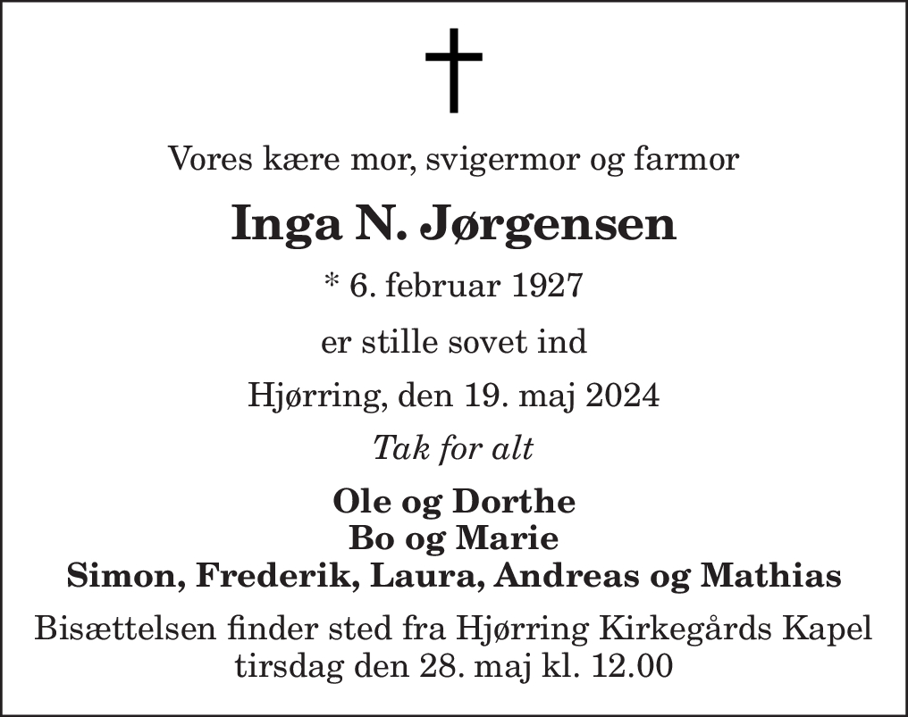 Dødsannonce for Inga N. Jørgensen | Nordjyske.dk