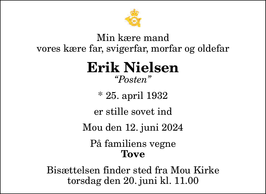 Dødsannonce for Erik Nielsen | Nordjyske.dk