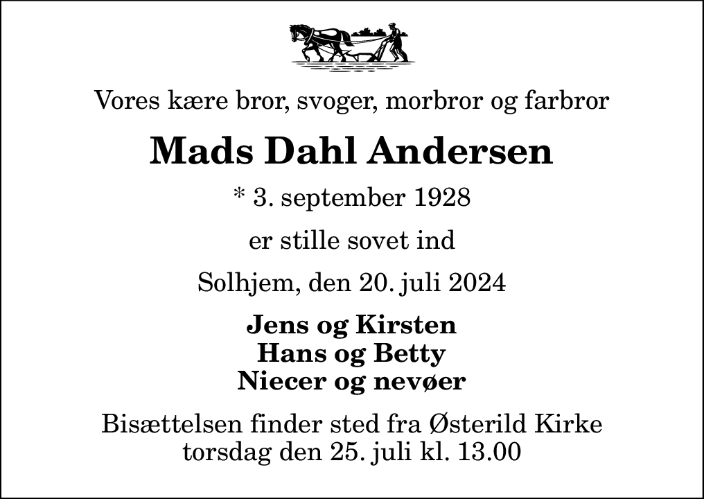 Dødsannonce for Mads Dahl Andersen | Nordjyske.dk